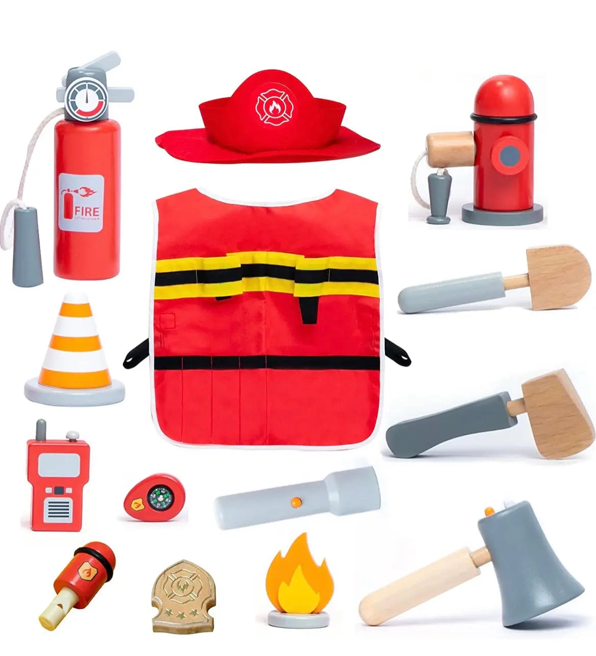 WOODEN FIREFIGHTER COSTUME FIREMAN DRESS UP PLAYSET – Casamodernain